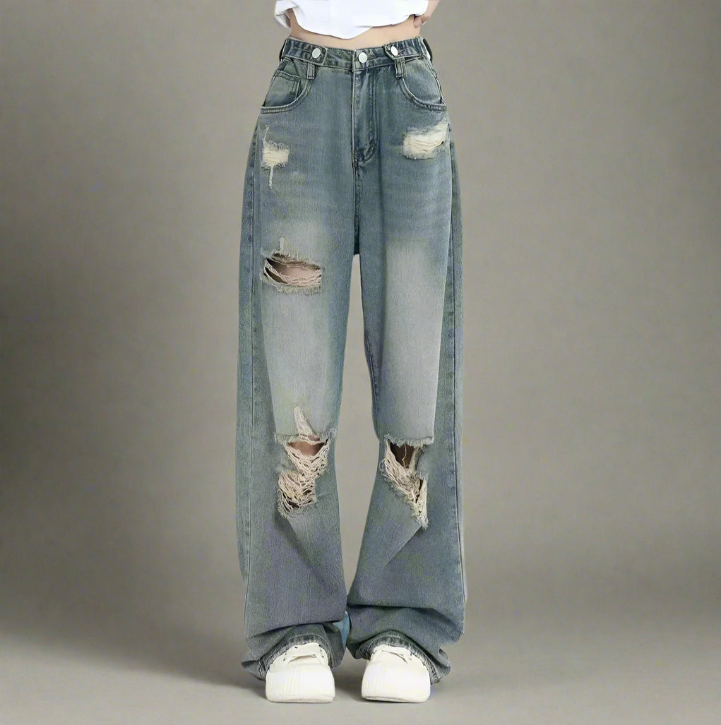 Buy American Retro Hole-punched Jeans Women High Waist Straight-crotch ...