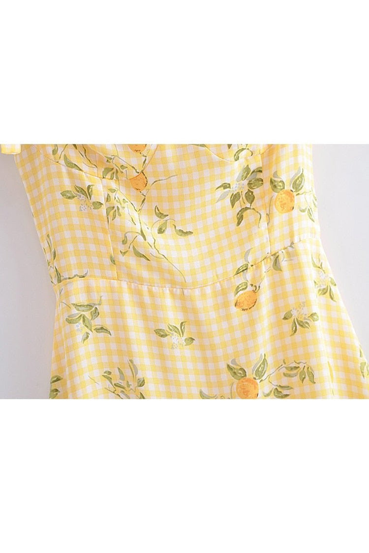 Buy Lemon Print Plaid Dress - Shoptery