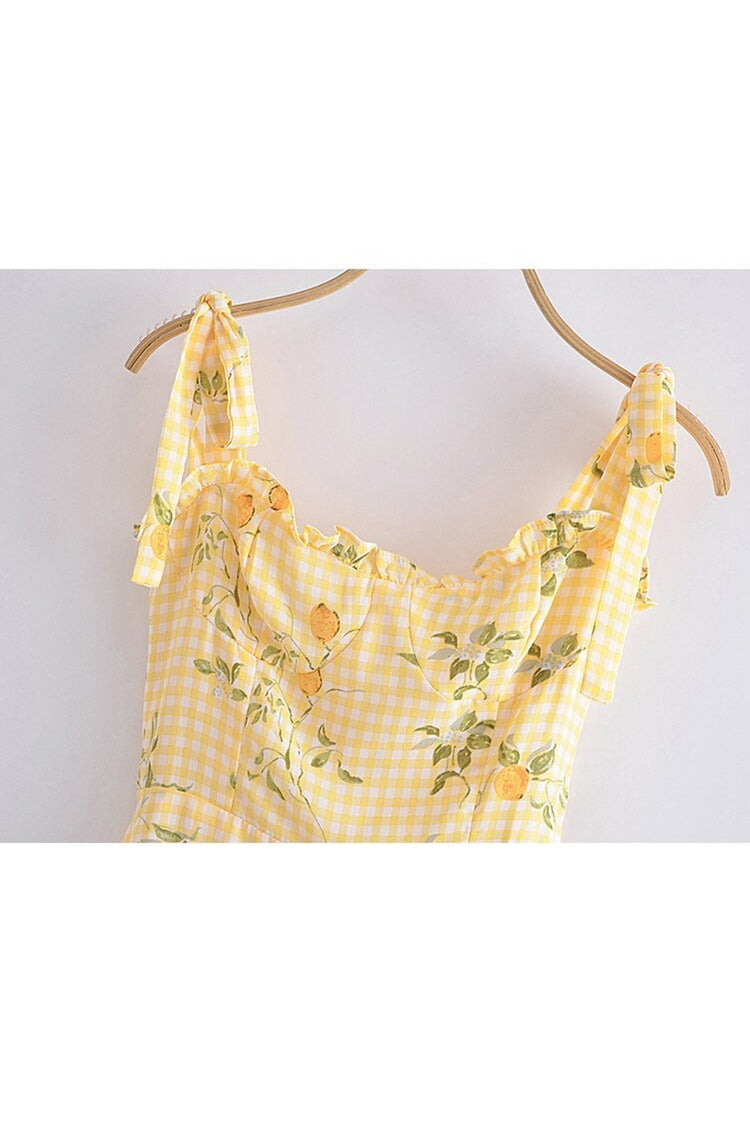 Buy Lemon Print Plaid Dress - Shoptery